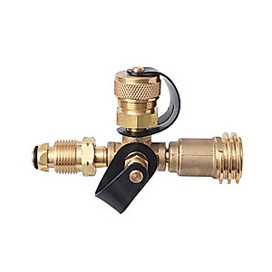 Flame King 4 Port Brass Tee Propane Adapter POL Inlet, 1/4 Inverted Female Flare Inlet, QCC Outlet, CGA600 Outlet (RV-COMBO1)