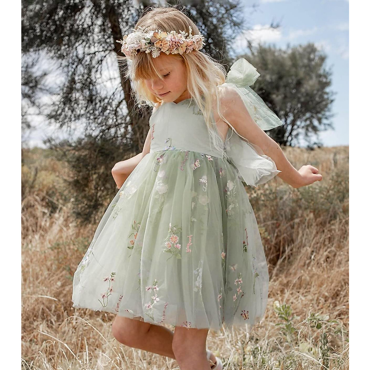 JISISANG Flower Girl Dresses for Wedding Toddler Short Floral Embroidered Tulle Bow-Knot Pageant Princess Boho Summer Swing Dress for Girls Kids Peach Pink 2