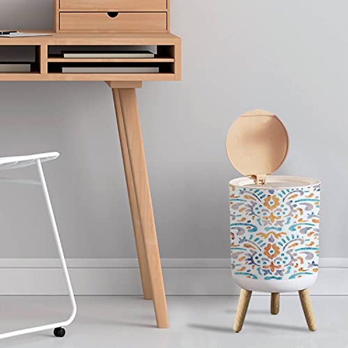 Small Trash Can with Lid Embroidered Seamless Bohemian Wavy Print Watercolor Texture on a White 7 Liter Round Garbage Can Elasticity Press Cover Lid Wastebasket for Kitchen Bathroom Office 1.8 Gallon