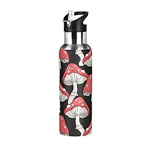Glaphy Mushrooms Print Water Bottle with Straw Lid, BPA-Free, 32 oz Water Bottles Insulated Stainless Steel, for School, Office, Gym, Sports, Travel