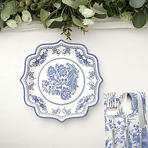 Tableclothsfactory 25 Pack | 8" White/Blue Chinoiserie Floral Print Paper Dessert Plates with Scalloped Rims, Disposable Salad Appetizer Plates - 300 GSM
