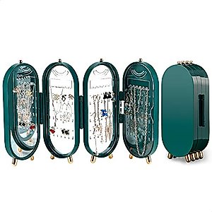Collapsible Earring Holder Jewelry Organizer Box with Mirror, Earring Necklace Jewelry Box Organizer Necklace Holder for for Women and Girls, Small Jewelry Organizer Box, Gifts for Girl (Green)