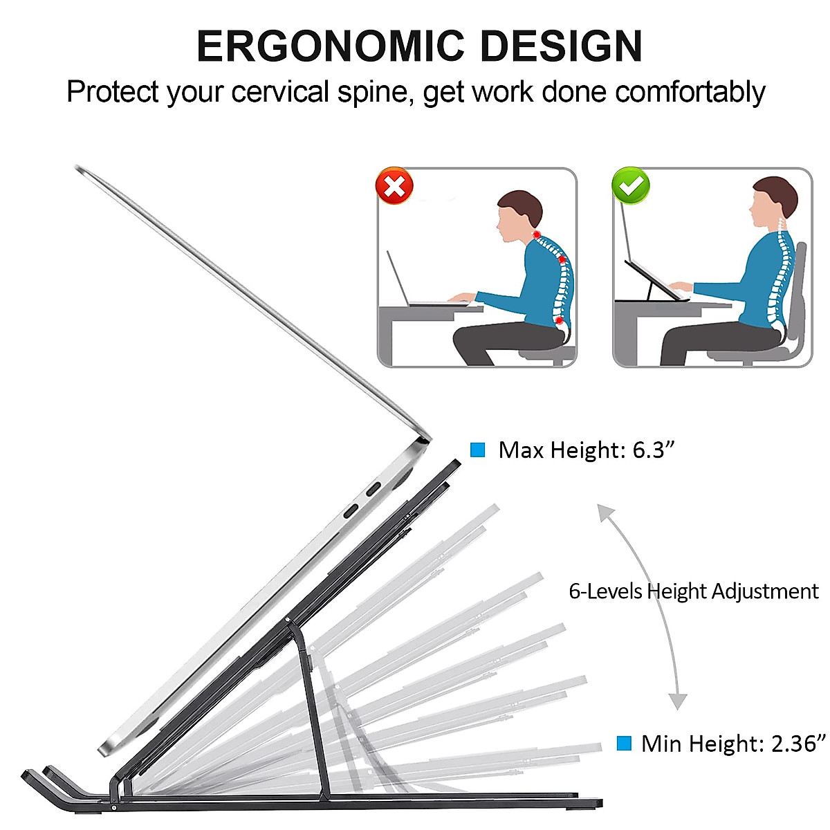 Uniwit 6 Levels Adjustable Laptop Notebook Stand Holder,Foldable Portable Aluminum Alloy Riser Laptop Holder, Ventilated and Lightweight Compatible for Macbook, Laptop, Notebook Computer,Tablet(Black)