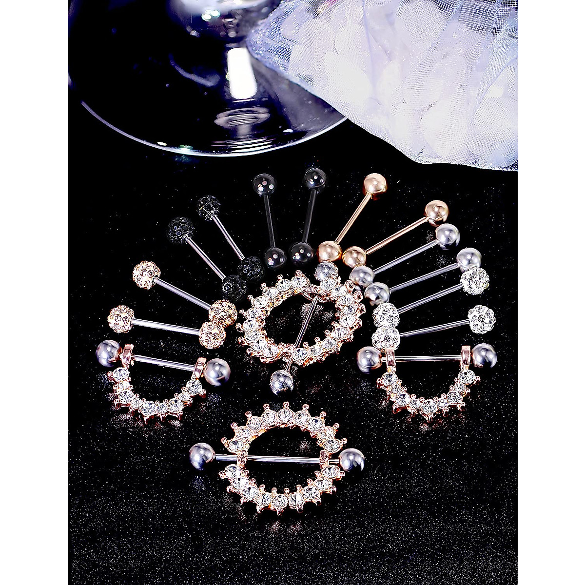 Lcolyoli 16Pcs 16G Surgical Steel Tongue Ring Nipple Shield Barbell Ring Bar Nipplerings Body Piercing Jewelry for Women Men Silver Black Rose Gold Dangle Nipple Rings Diamond CZ