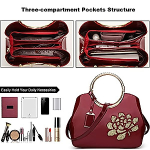 ZiMing Women Handbags Shiny Patent Leather&Floral Embroid Top Handle Handbag Purses Tote Bags Satchel Shoulder Crossbody Bag-Blue