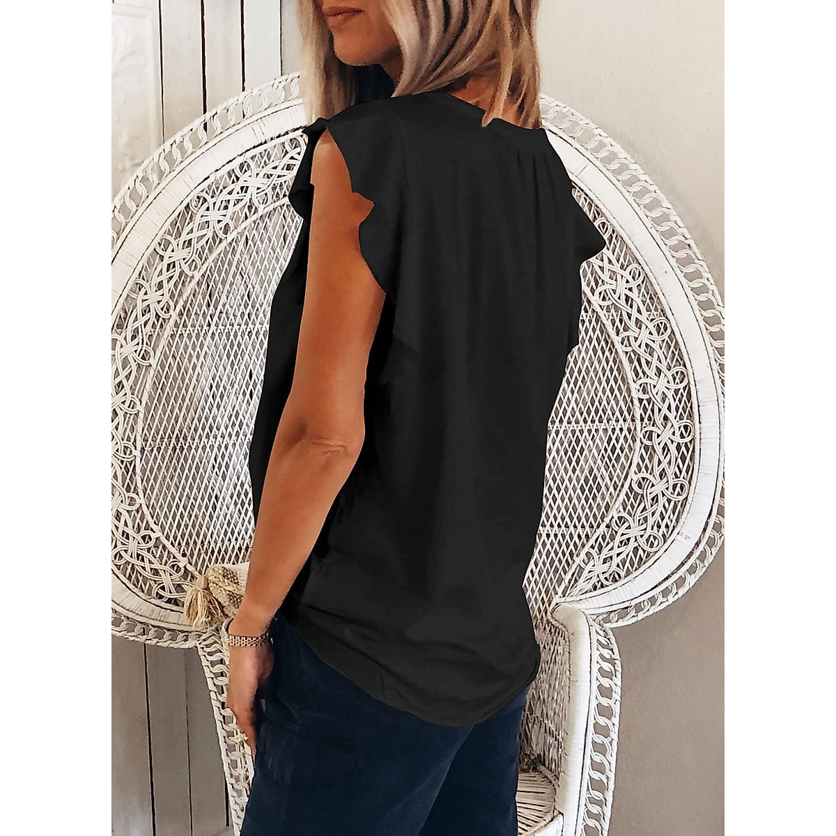 Dokotoo Ruffle Sleeve Tops for Women Summer Fashion Sexy V Neck Sleeveless Tank T-Shirt 2024 Ladies Casual Solid Color Ruffled Cap Sleeves Tunic Tee Shirts (Black, Large)