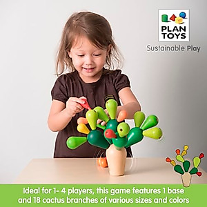 PlanToys Balancing Cactus Toy - Colorful Sustainably-Made Wood Balance Game for 1-4 Players with Base and 18 Cactus Branches to Build Without Toppling