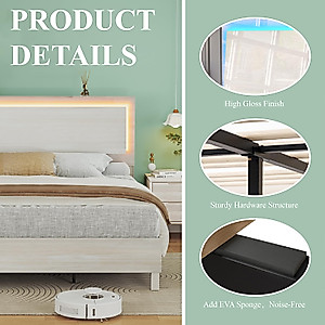 LUXOAK High Gloss Bed Frame with LED Headboard, Queen Platform Bed with Unique Floating Ergonomic Headboard Design, No Box Spring Needed, Easy Assembly, Beige