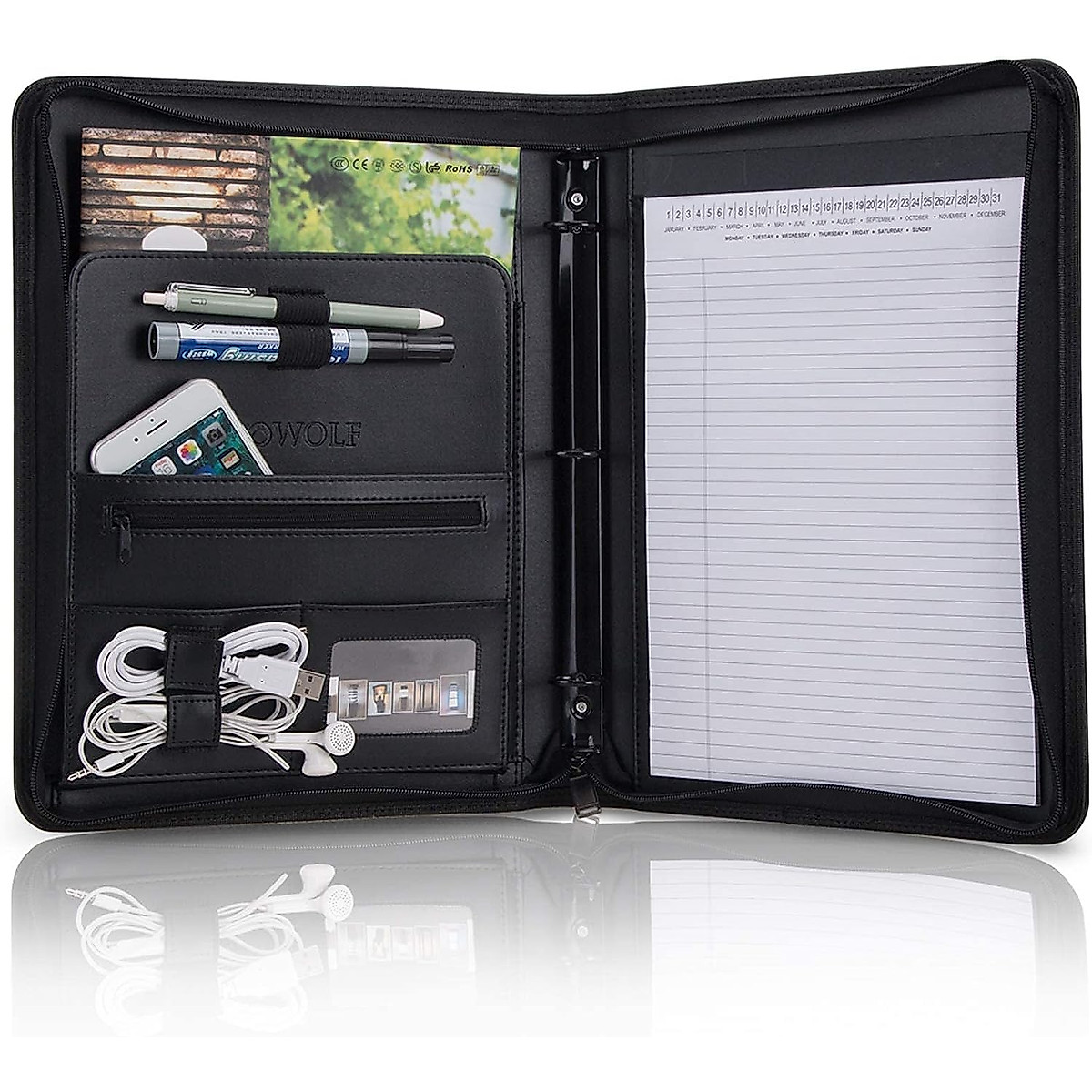 OOWOLF Padfolio Portfolio Folder, PU Leather Professional with Round Ring Binder 8.5 x 11 Inch Writing Pad Tablet Sleeve Interview Resume Document Organizer Business Card Holder Zippered Closure