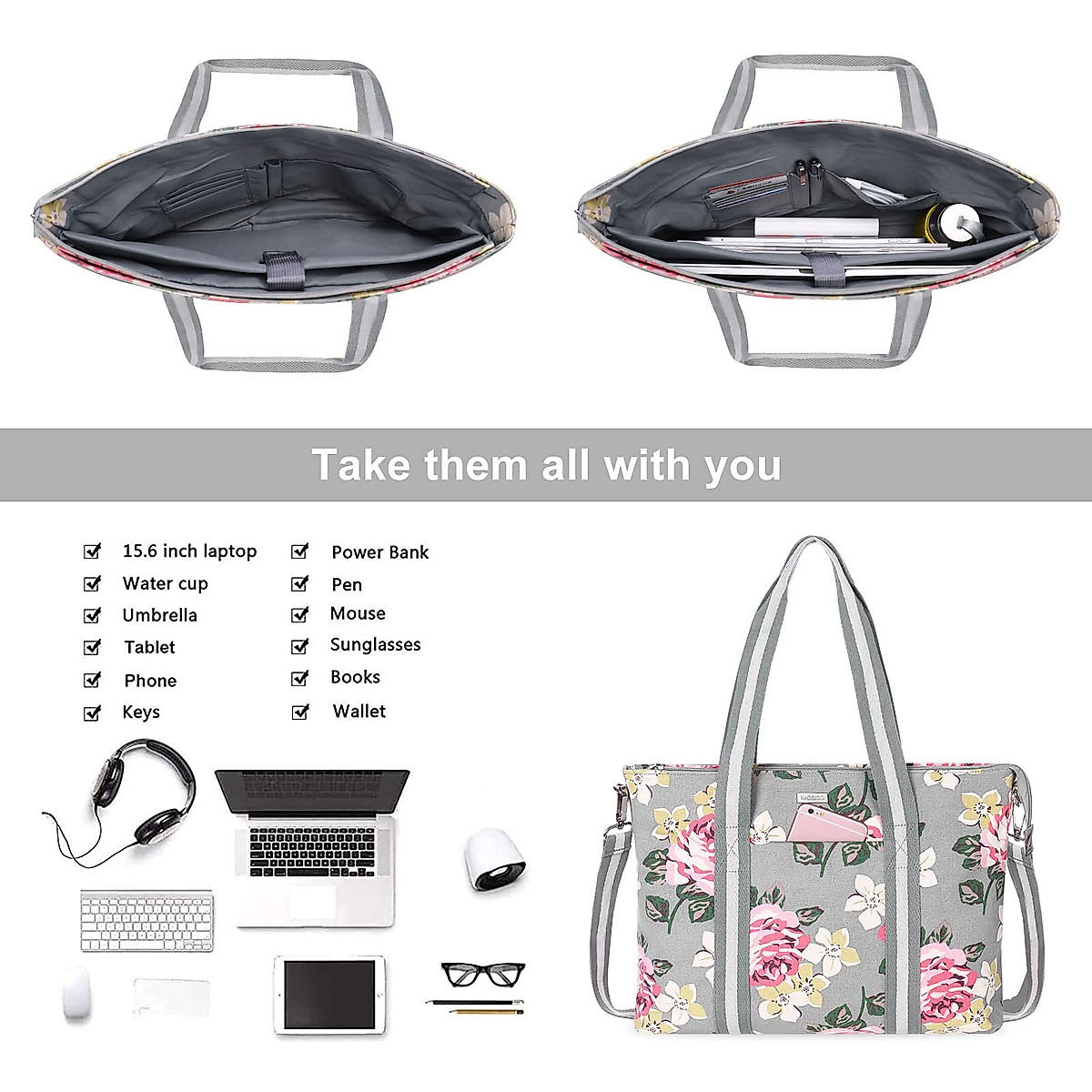 MOSISO Laptop Tote Bag for Women (17-17.3 inch), Canvas Rose Multifunctional Work Travel Shopping Duffel Carrying Shoulder Handbag Compatible with MacBook, Notebook and Chromebook, Grey