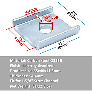 10 Pcs U-Shape Strut Saddle Washer, Flat Square Plate Washer for 1-5/8" Strut Channel, Accept 1/2" Bolt, 4.4mm Thickness (Bolt not Included)