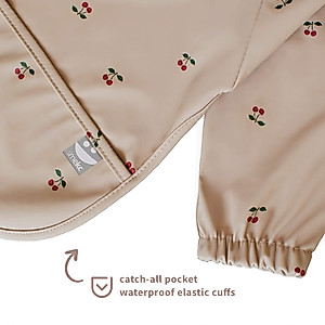 Long Sleeve Bib, Baby Toddler Bib, 6-24 Months, Waterproof Mess-Proof Fabric, Art Smock, Catch-All Pocket, Feeding Bib (Light Brown Cherries)