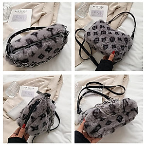 2022 New Leopard Print Plush Shoulder Cross-body Bag Fashion Chain One-shoulder Armpit Tote Y2K Purse Hobo Bag (Grey)