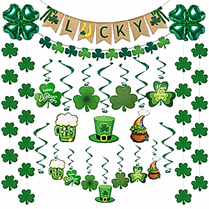 Amandir 38PCS St. Patrick's Day Decorations Set, 2 Lucky Shamrock Banners, 4 String of Shamrocks Garland, 16 St. Patrick's Hanging Swirls with Cutouts, Pre-assembled for Lucky Day Home Party Supplies