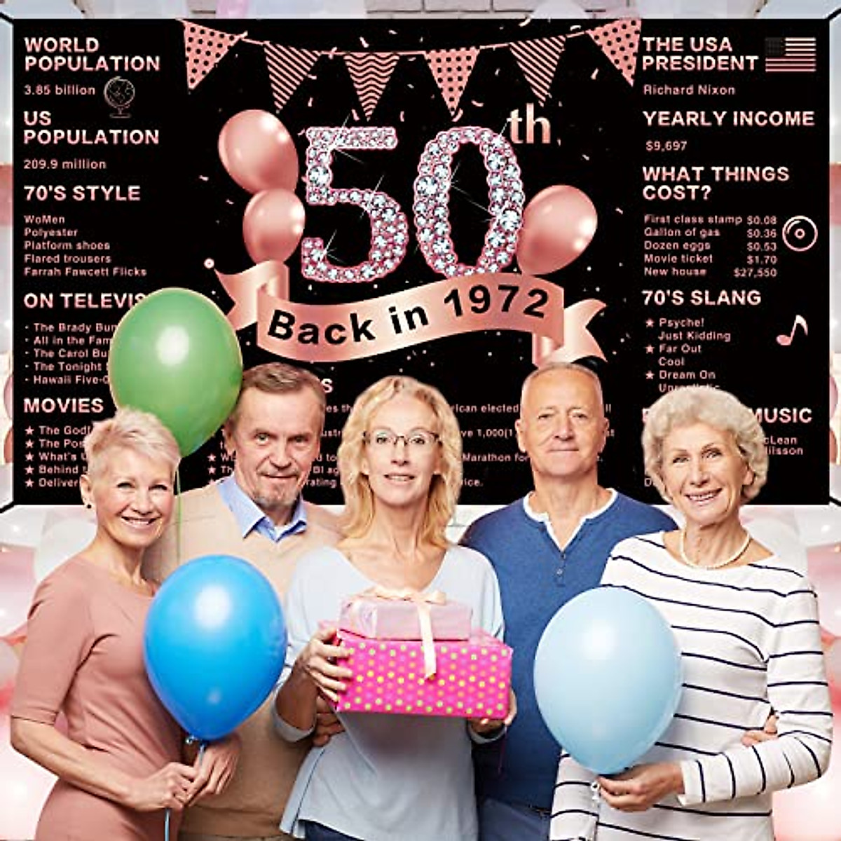 50th Birthday Banner Backdrop Decorations for Women, Rose Gold Back in 1972 Banner 50 Year Old Birthday Party Poster Supplies, Extra Large Happy Fifty Birthday Decor Photo Booth(6x3.6ft)