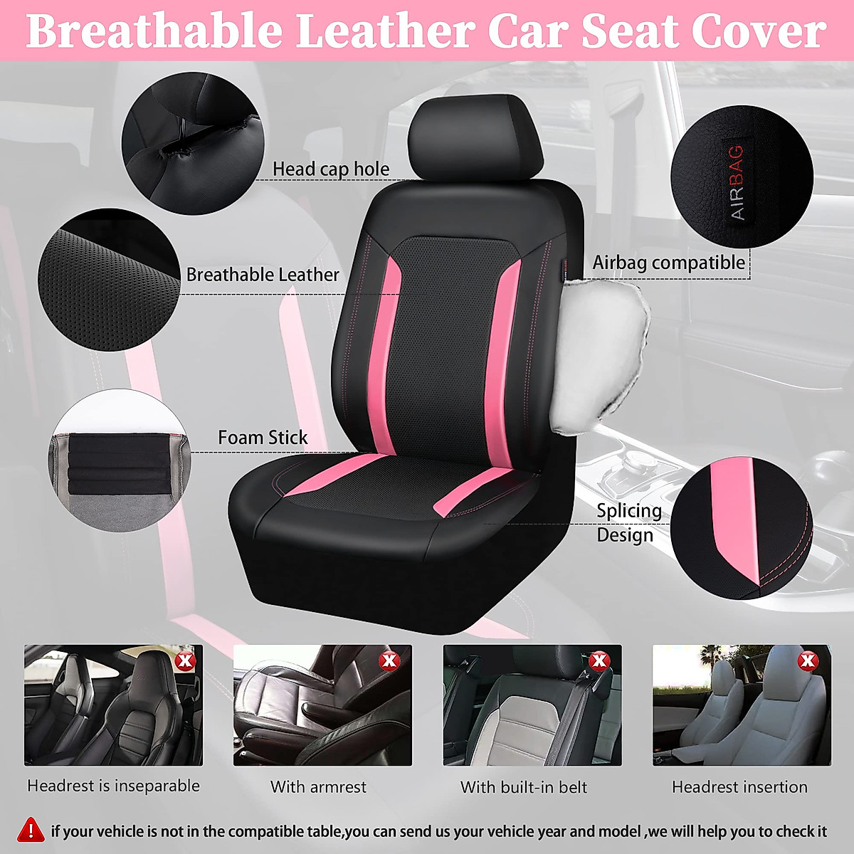 CAR PASS Black Pink Leather Car Seat Covers Full Set, Waterproof Durable Faux Leather Seat Covers 5 Seats Cushion Protector, Rear with Zipper, Airbag Fit for Women SUV Pick UpTruck Sedan Vehicle Auto