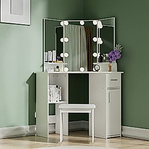 Cozy Castle Corner Vanity Set, Makeup Vanity Desk with Mirror and Lights, Vanity Table with Drawer and Adjustable Shelf for Bedroom, White