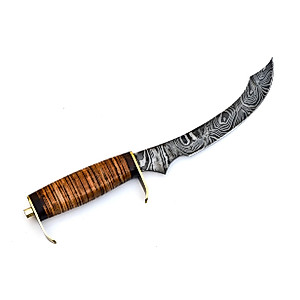 Skokie Knives Custom Hand Made Damascus Steel Hunting Knife Handle Stacked Leather With Double Brass Double Clip