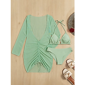 COZYEASE Women's 3 Piece Swimsuits Drawstring Triangle Halter Tie Side Thong Sexy Bikini Set with Cover Up Mint Green M