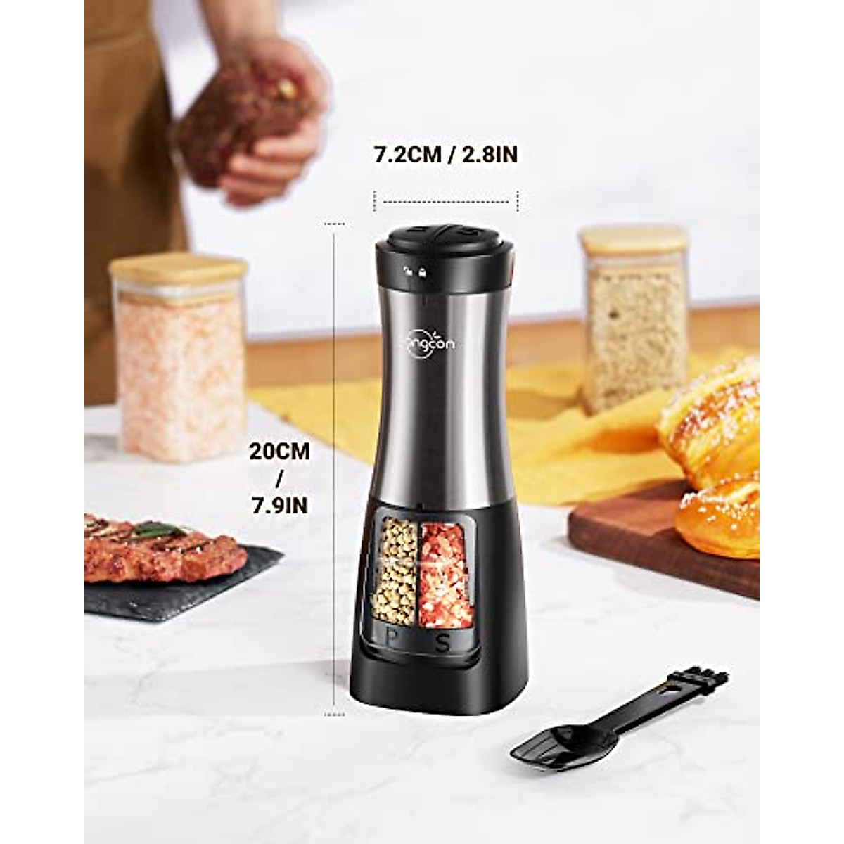 Sangcon 2 in 1 Electric Salt and Pepper Grinder Set, Battery Powered Salt and Pepper Mill, Automatic One-Handed Operation Refillable Grinder with Light, Adjustable Ceramic Grinders, Metallic Gunmetal