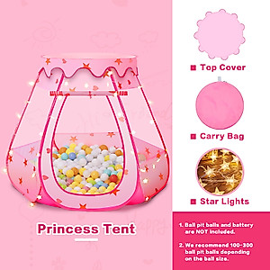 Baby Ball Pit for Toddler: with Star Lights - Pop Up Princess Play Tent for Kids - Indoor Outdoor Baby Girl Toys Birthday Gifts - NO Balls (Pink Tent)