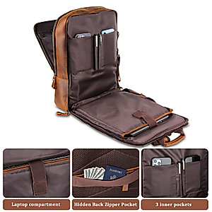 Fshsup Full Grain Leather Backpack 15.6" Laptop Bag Men's Vintage Genuine Leather Business Backpack Travel Hiking Camping Rucksack Overnight Weekender Daypack