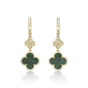 Lavari Jewelers Elegant Flower Drop Earrings for Women - Green Malachite & Cubic Zirconia in 925 Sterling Silver Clover Dangle Earrings - Hypoallergenic Yellow Gold Plated - Secure Hinge Post