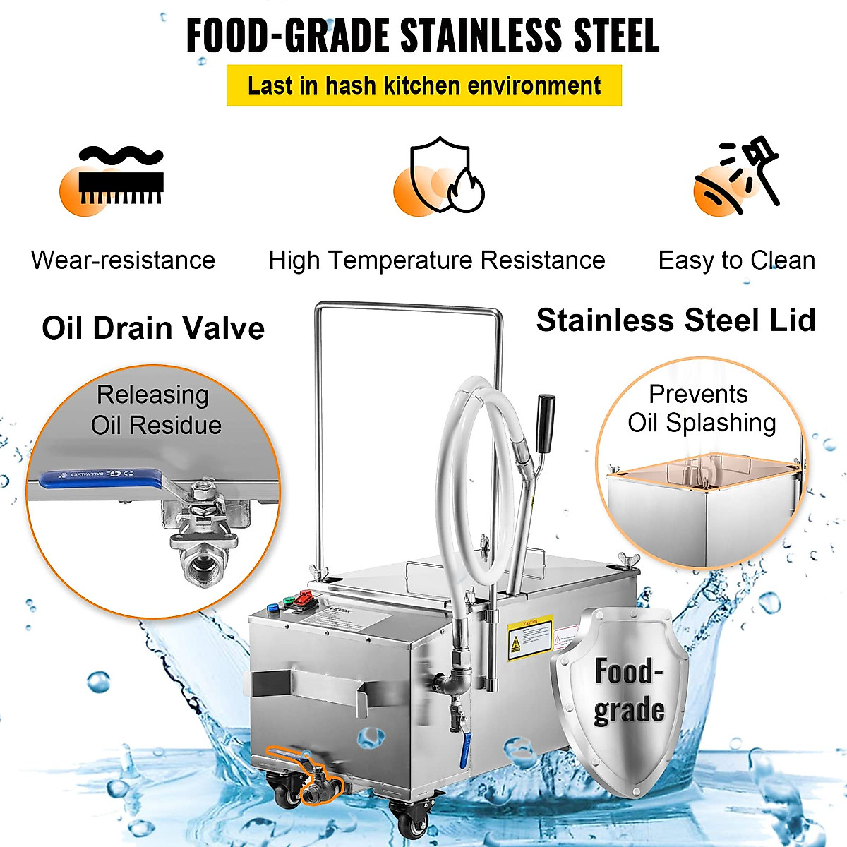 VEVOR Mobile Fryer Filter, 80 LBS/40 L/10.56 Gal Capacity, 300W Oil Filtration System with 5 L/min Flow Rate, Mobile Frying Oil Filtering System with 10 L/min Pump & Oil Hose, 110V/60Hz