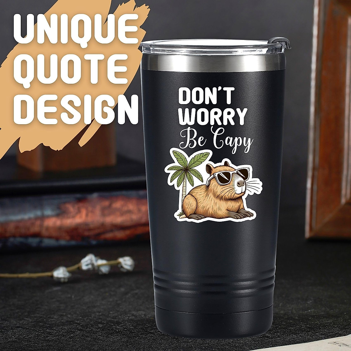 Capybara Gifts, Don't Worry Be Capy, Capybara Themed Gifts for Girls, Women, Capybara Lovers, Onebttle Stainless Steel Tumbler 20OZ Black