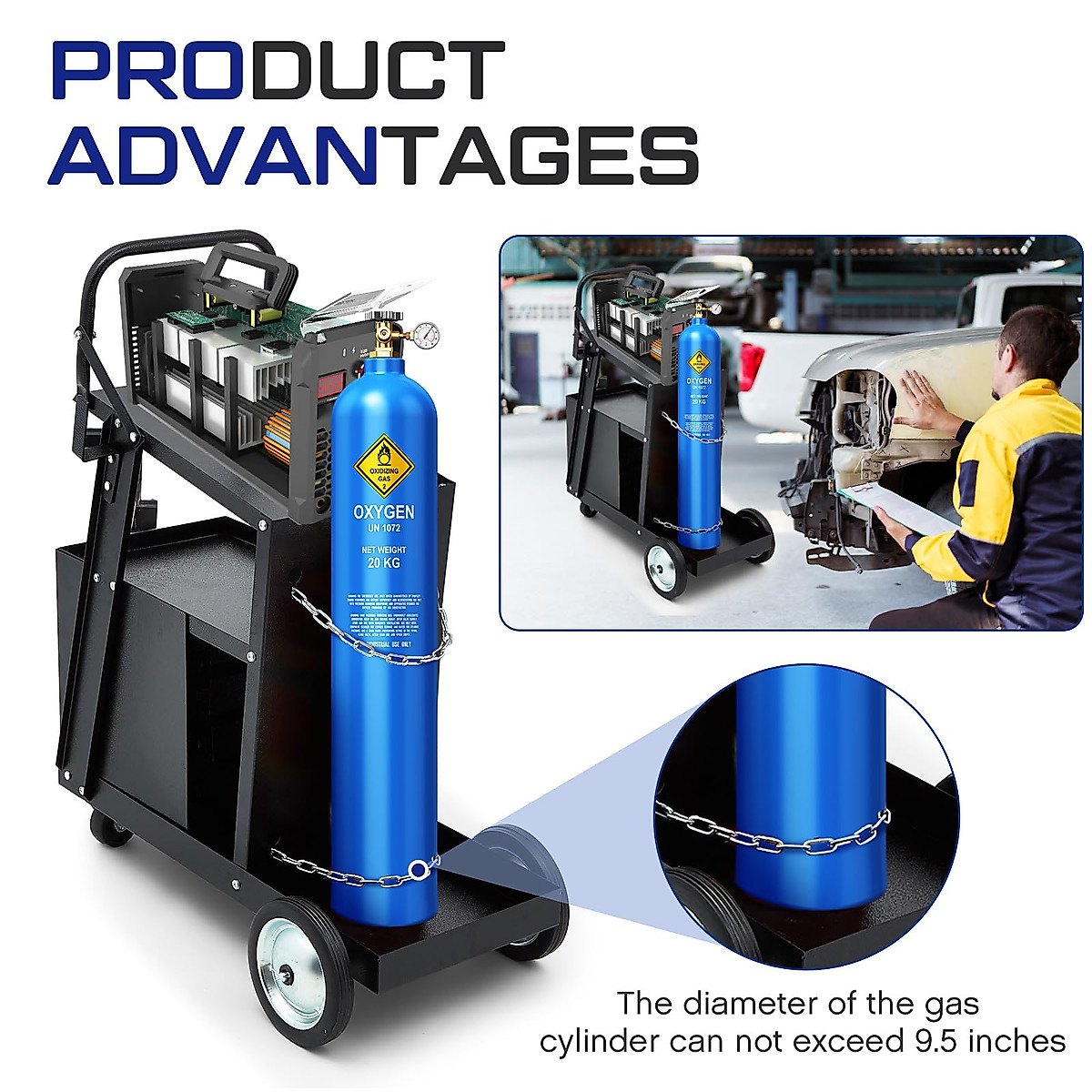 Therwen Welding Cart, 2 Tier Welder Cart with 4 Drawers, 396.8 lbs Weight Capacity, Heavy Duty Rolling Welder Cart on Wheels, Tank Storage Safety Chains for Welder and Plasma Cutter