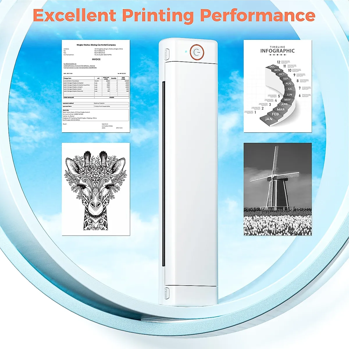 ItriAce M08F Portable Printer, Upgrade Bluetooth Portable Printers Wireless for Travel, No Ink Mobile Compact Printer for Home, Office, School, Support 8.5'' x 11'' Thermal Paper with 1 Case