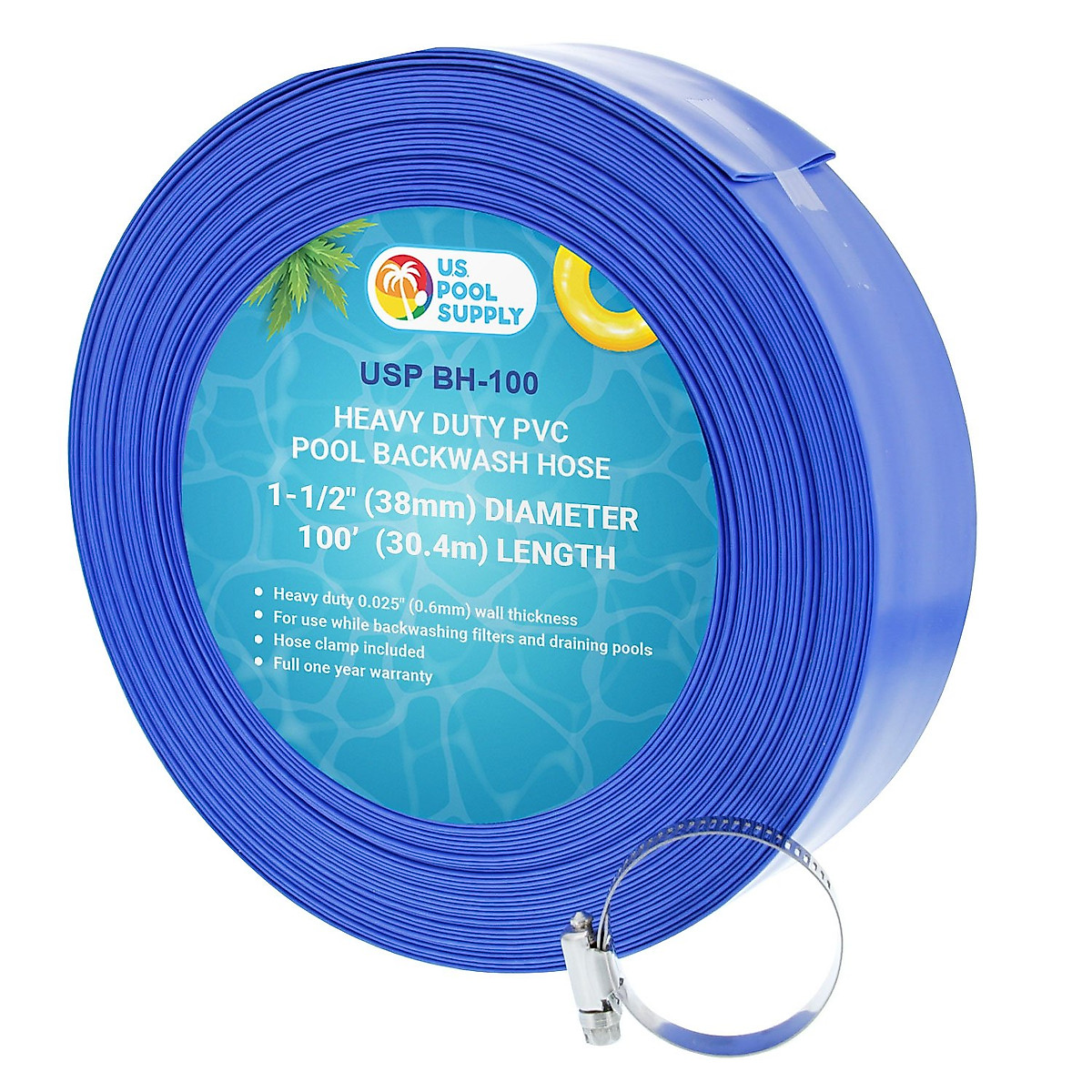 U.S. Pool Supply 1-1/2" x 100' Heavy Duty Blue Flexible Swimming Pool Backwash Hose with Hose Clamp