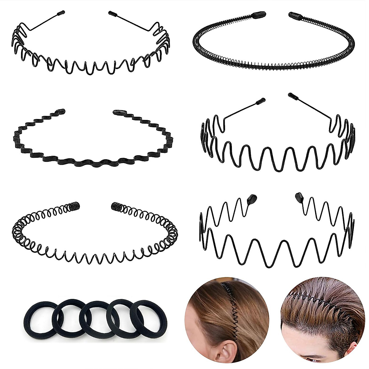 LERNOU Metal Men Headbands Women Hair Bands, Unisex Black Wavy,Spring And Summer Outdoor Sports Headbands, Fashion Simple Elastic Hair Accessories (6pcs)