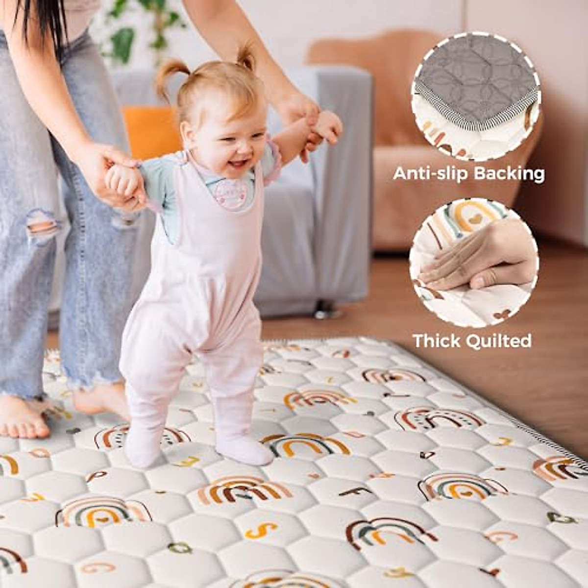 ieBabay Baby Play Mat 43 x 43 Playpen Mat One-Piece Washable Baby Crawling Mat Non Slip Cushioned Baby Playmat Boho Rainbow ABC Floor Mat for Babies Toddlers Infants (43X43,Beige)