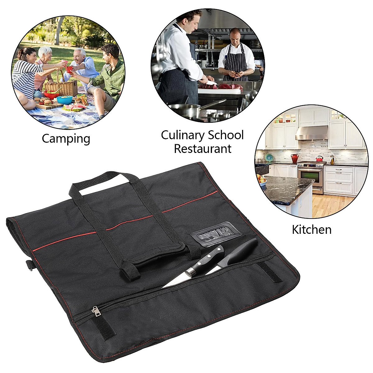 Tosnail Chef Knife Case Roll Bag with 21 Slots & 1 Large Zipper Pocket, Easy Carry Handle and Shoulder Strap - Black