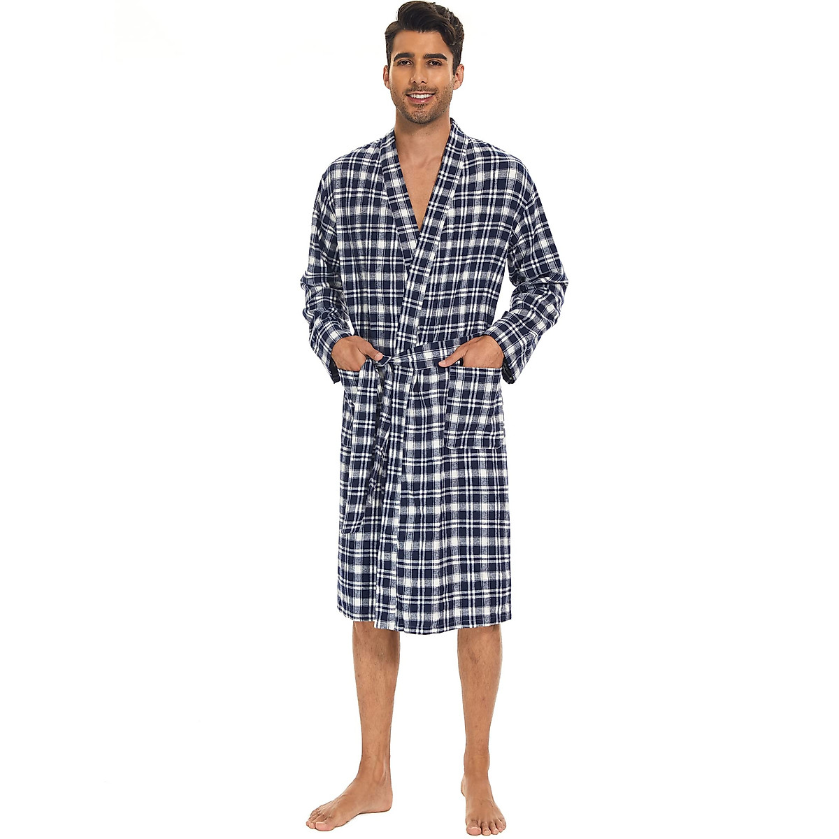 Zerbala Men's Flannel Robe Knee Length Plaid Bathrobe M Navy