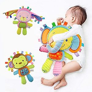 StoHua Baby Tags Toy, Taggie Security Blanket Elephant Stuffed Toy, Baby Plush Sensory Tag Toy with Ribbons & Rattle,Baby Gifts for Newborns,Infant