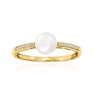 RS Pure by Ross-Simons 6mm Cultured Pearl Ring With Diamond Accents in 14kt Yellow Gold. Size 6
