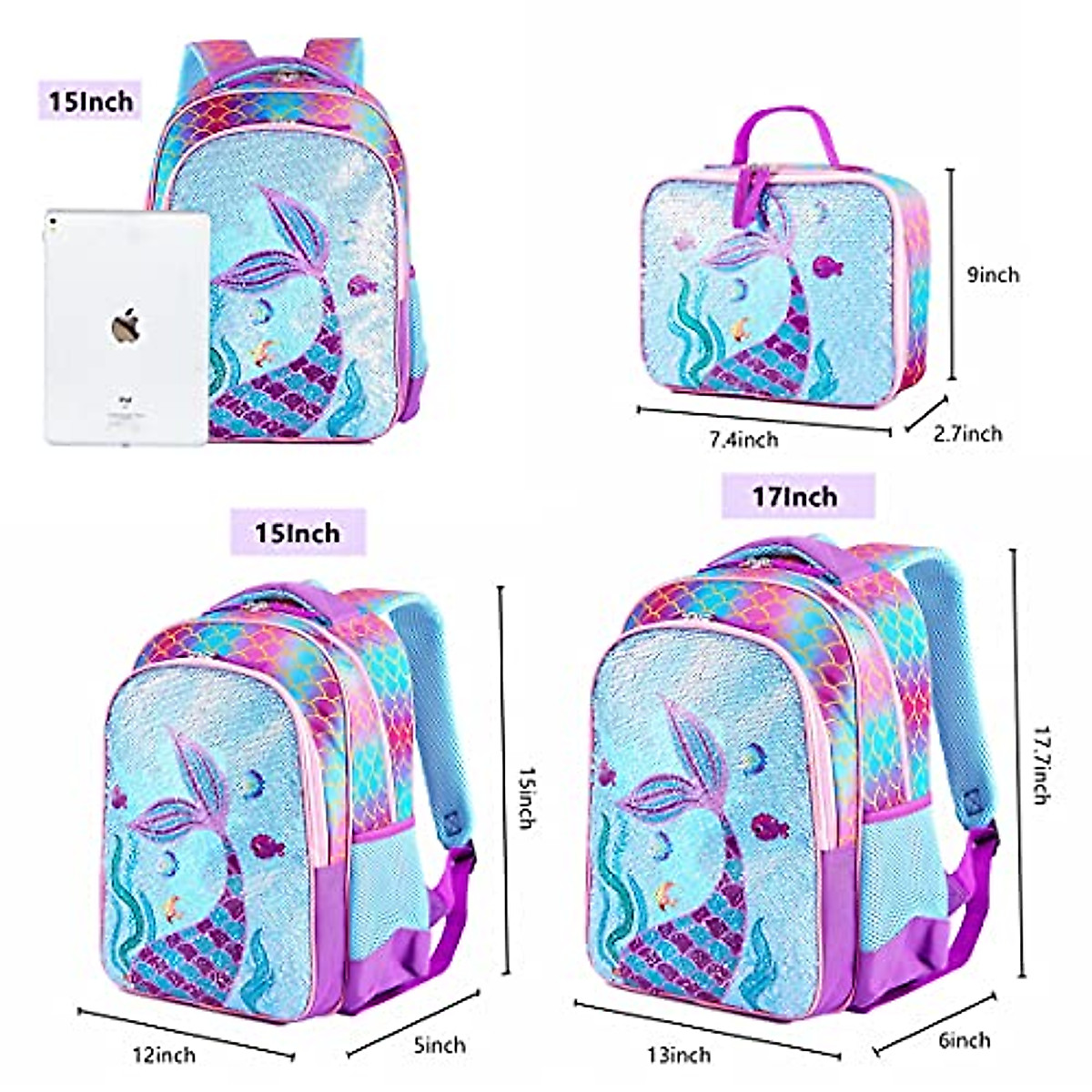 THE Crafts Reversible Sequin School Backpack Lightweight Little Kid Book Bag with Lunch Bag Set for Preschool Kindergarten Elementary (17", Mermaid with Lunch Bag)