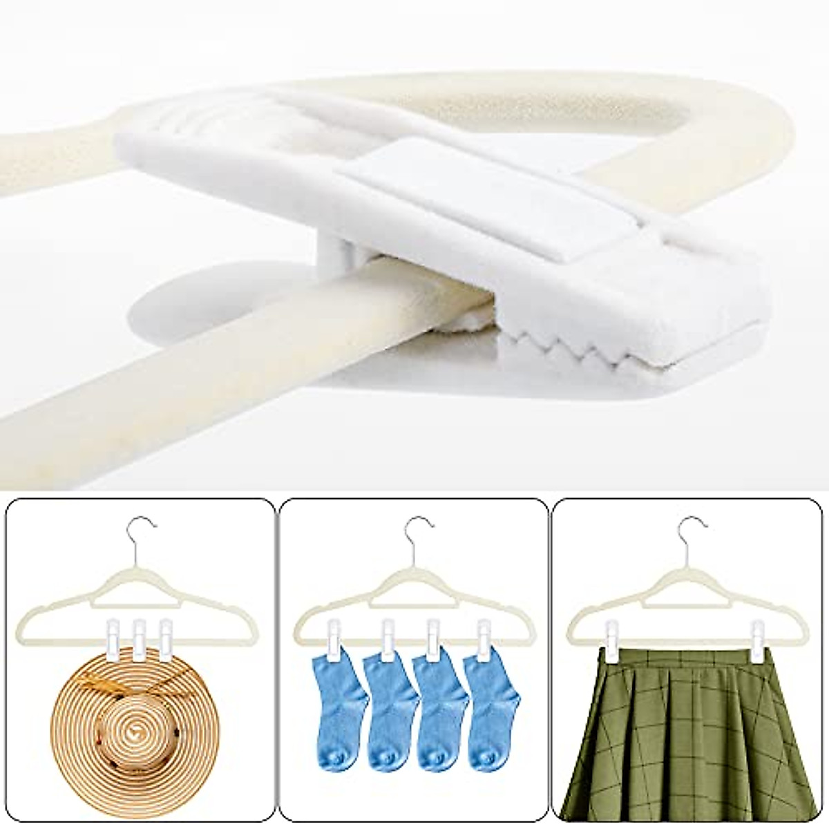 Tinfol White Velvet Hanger Clips, 24Pcs Pants Hangers Clips, Non-Slip Flocked Finger Clothes Clips Perfect for Thin Velvet Hangers