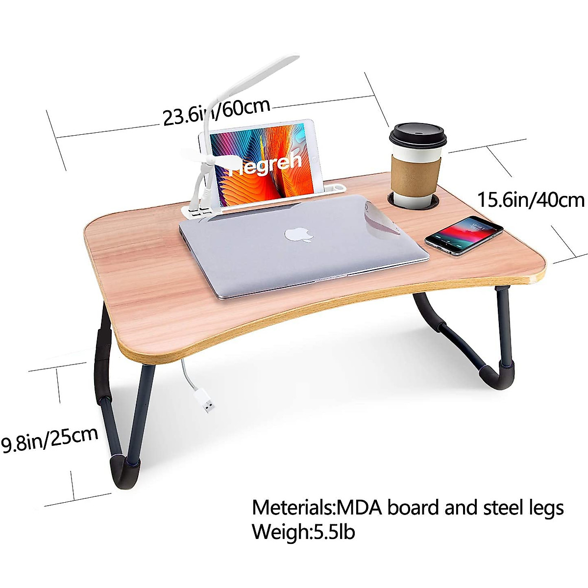 Hegreh Laptop Lap Desk for Bed Fits up to 17″ Laptops with Light,Lamp,Cup Holder, Laptop Bed Tray Table, 23.6" Foldable Laptop Desk, Laptop Stand for Working, Writing,Reading and Breakfast