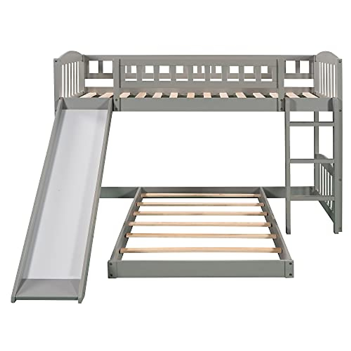 Tidyard Twin Over Twin Bunk Bed with Slide and Ladder, Wood Bed Gray for Bedroom Dorm Guest Room Home Furniture