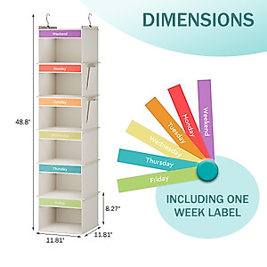 YOUDENOVA 6-Shelf Weekly Hanging Closet Organizer, Closet Organizers with 2 Side Pockets, Closet Hanging Organizers for Kids, Khaki