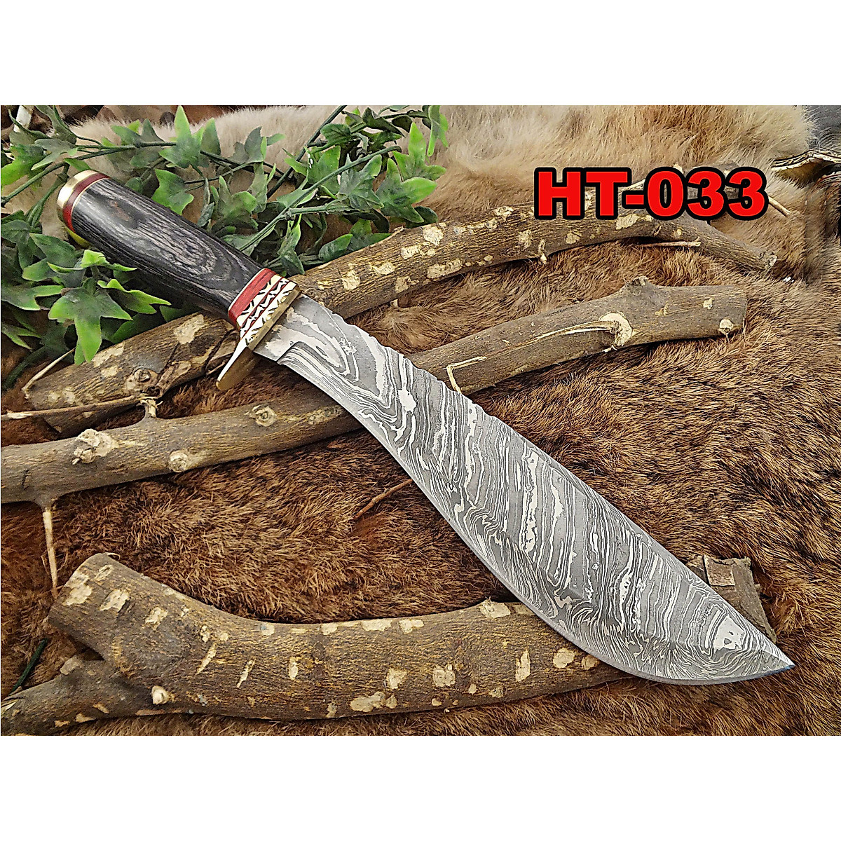 Damascus Steel Hunting Bowie Knife 14.5 Inches Custom Made Hand Forged with 10" Blade, 2 Tone Green Wood with Engraved Brass Scale, Thick Cow Hide Leather Sheath with Belt Loop (Black)