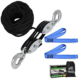XSTRAP STANDARD Heavy-Duty 2,000 LB Breaking Strength 50 FT Rope Hoist, 1000 LB Work Load Block and Tackle Pulley System for Lifting Heavy Objects, Free with 2pcs Soft Loops (Black)