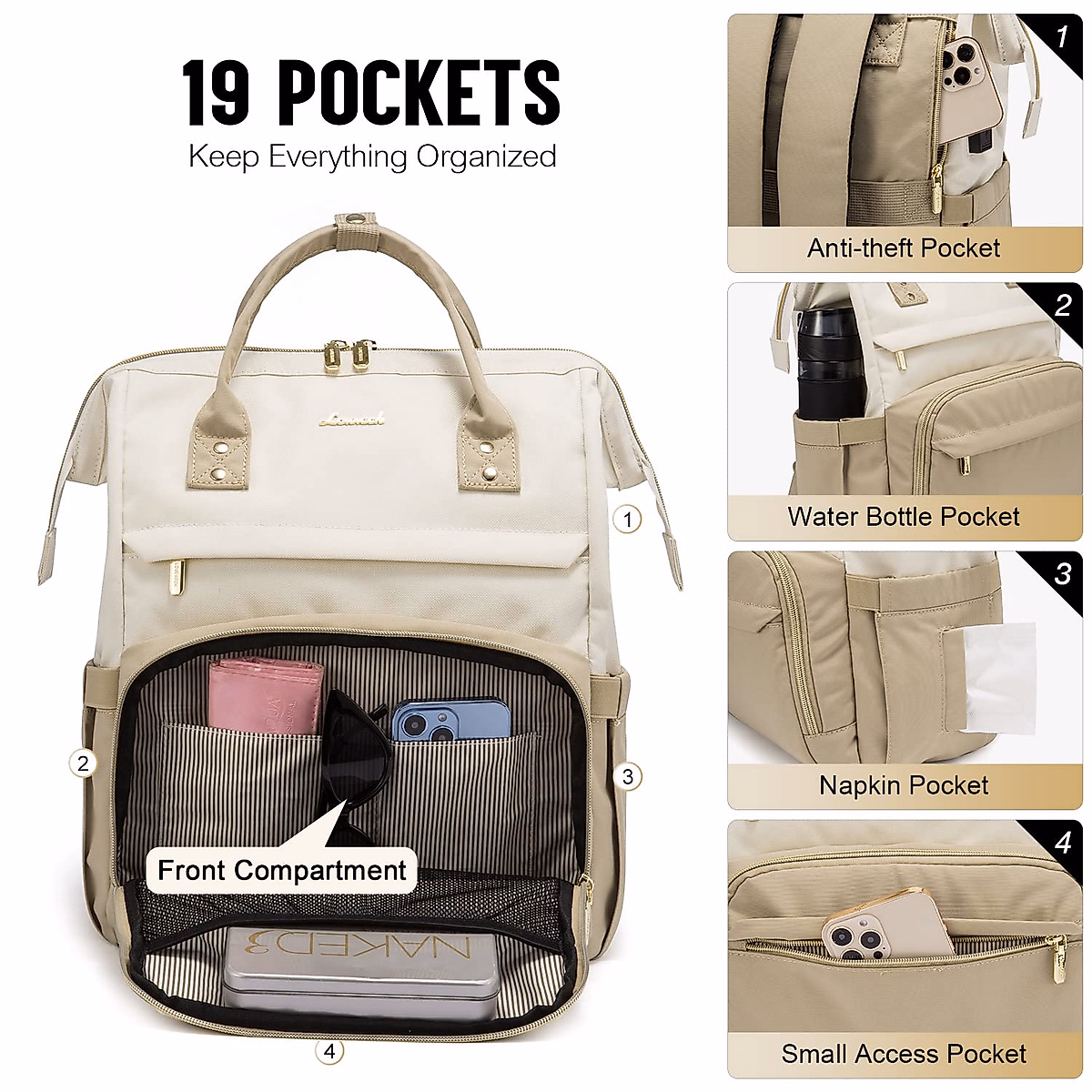 LOVEVOOK Laptop Backpack for Women, Fashion Computer Backpacks Purse, School Student Bookbag for Girl, Business Travel Bags, Doctor Nurse Backpack for Work, Fits 15.6-Inch Laptop, Beige-Khaki