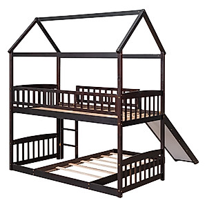 BIADNBZ L-Shaped House Bunk Bed, Twin Over Twin Size Beds with Slide and Roof, Wood Floor Bunkbed Frame, Space-Saving Design, Espresso