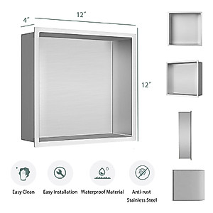Elefloom Shower Niche, Stainless Steel Modern Bathroom Niche, No Tile Needed Recessed Shower Shelf Organizer for Storage, Stainless Steel, Silver Grey, 12"×12"