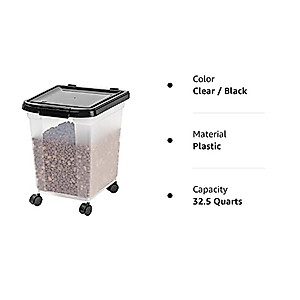 IRIS USA WeatherPro Airtight Dog Food Storage Container, Up to 25 lbs, Removable Wheels, for Dog Cat Bird and Other Pet Food Storage Bin, Keep Fresh, Translucent Body, Clear/Black