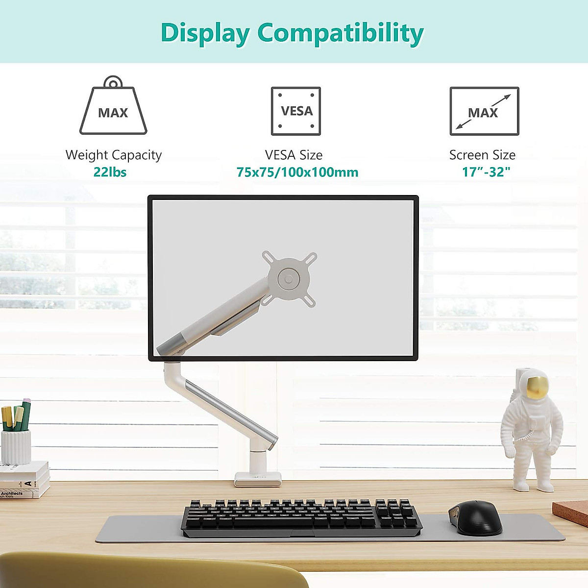 WALI Single White Monitor Mount Arm Stand, Fully Adjustable, Mechanical Spring Tension Indicator, Bracket with Clamp, Display Up to 32 inch, 22lbs Weight Capacity (MATI001-W), White